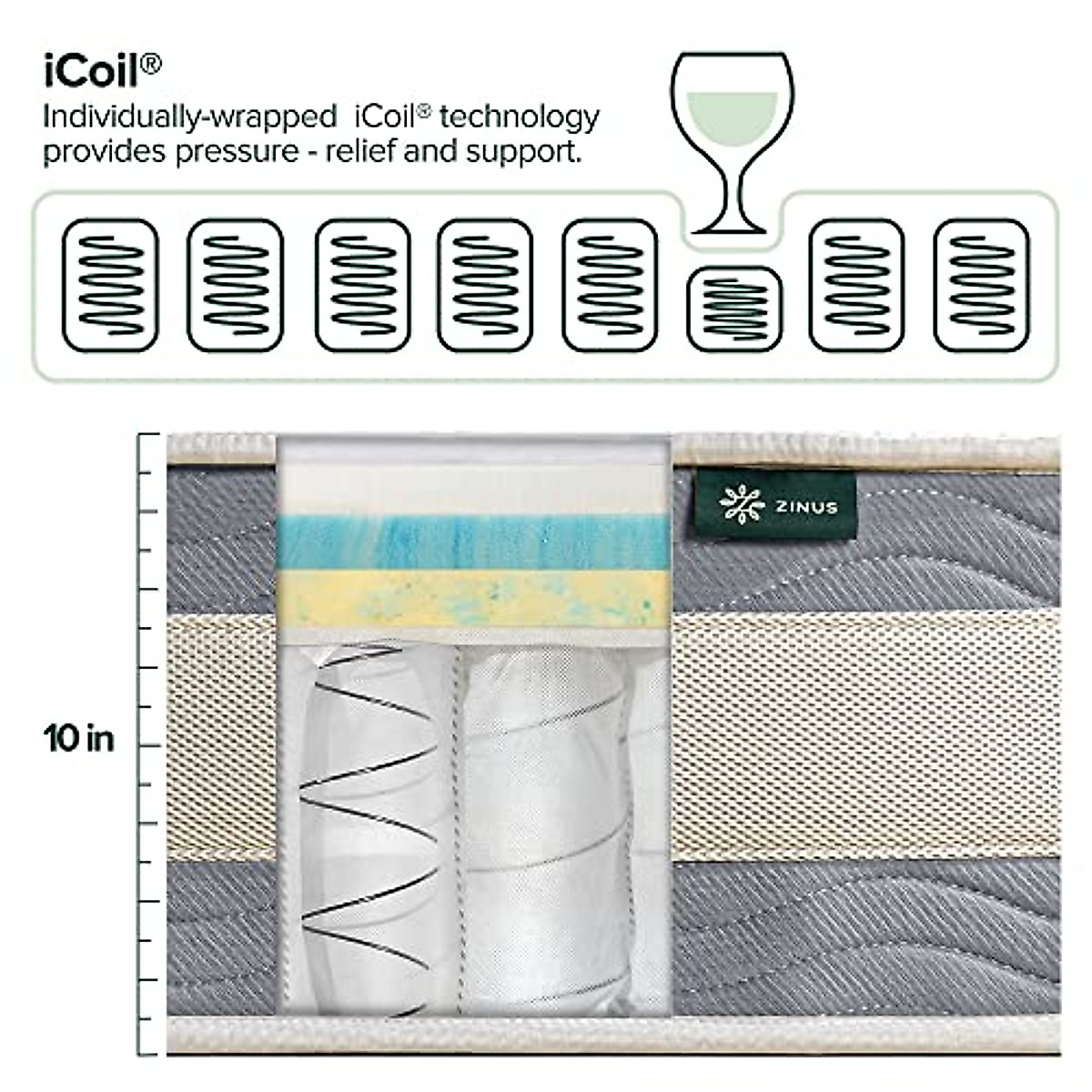 ZINUS 10 Inch Green Tea Cooling Gel Memory Foam Hybrid Mattress, Pocket Innersprings for Motion Isolation, Edge Support, Twin, White
