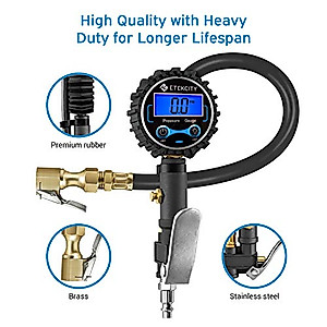 Etekcity Digital Tire Inflator with Pressure Gauge Air Chuck and Compressor Accessories Heavy Duty Brass with Rubber Hose Quick Connect Couple Leakproof 250 PSI 0.1