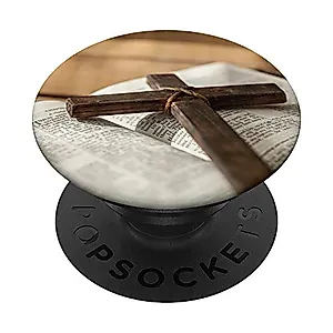Dark Brown Cross With Rope On Open Bible Verses Book PopSockets Grip and Stand for Phones and Tablets