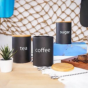 SOTECH Metal Food Storage Jar Farmhouse Coffee Canisters with Bamboo Lids,Black Kitchen Canisters Set of 3 Decorative Canisters for Kitchen Counter,Home Decor,Sugar Coffee and Tea Container Set