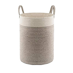 Large Tall Woven Basket 15.7x15.7x21.7in Cotton Rope Laundry Hamper with Handle, Nursery Organizers and Storage for Blanket Towel Clothes Organizing (White&Brown)