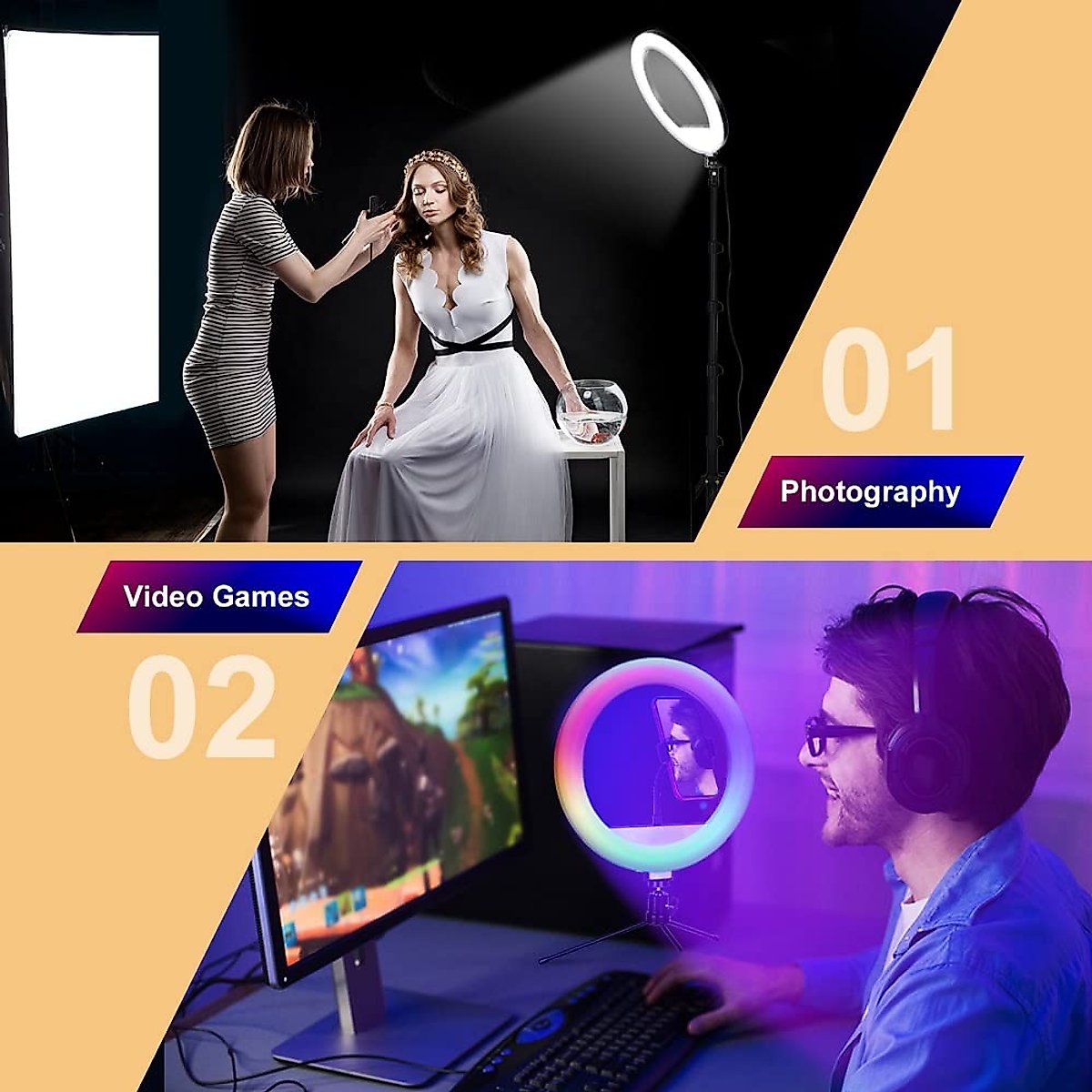 Znbruiap 10 in RGB Selfie Ring Light with Tripod Stand & Phone Holders-Ring Light Color Changing with Desktop Tripod and Remote