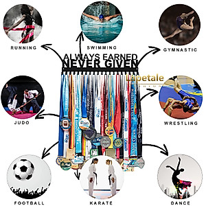 Lapetale Fashion Always Earned Never Given Medal Holder Hanger Display Rack Award Ribbon Organizer for Race,Running,Soccer,Gymnastic,Wrest