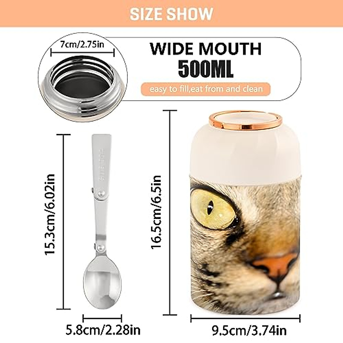 CUPADA Siberian Cat Funny Food Jar, Kitten Face Cute Insulated Hot Food Jars Vacuum 17OZ with Folding Spoon for Work Trip Picnic Camping