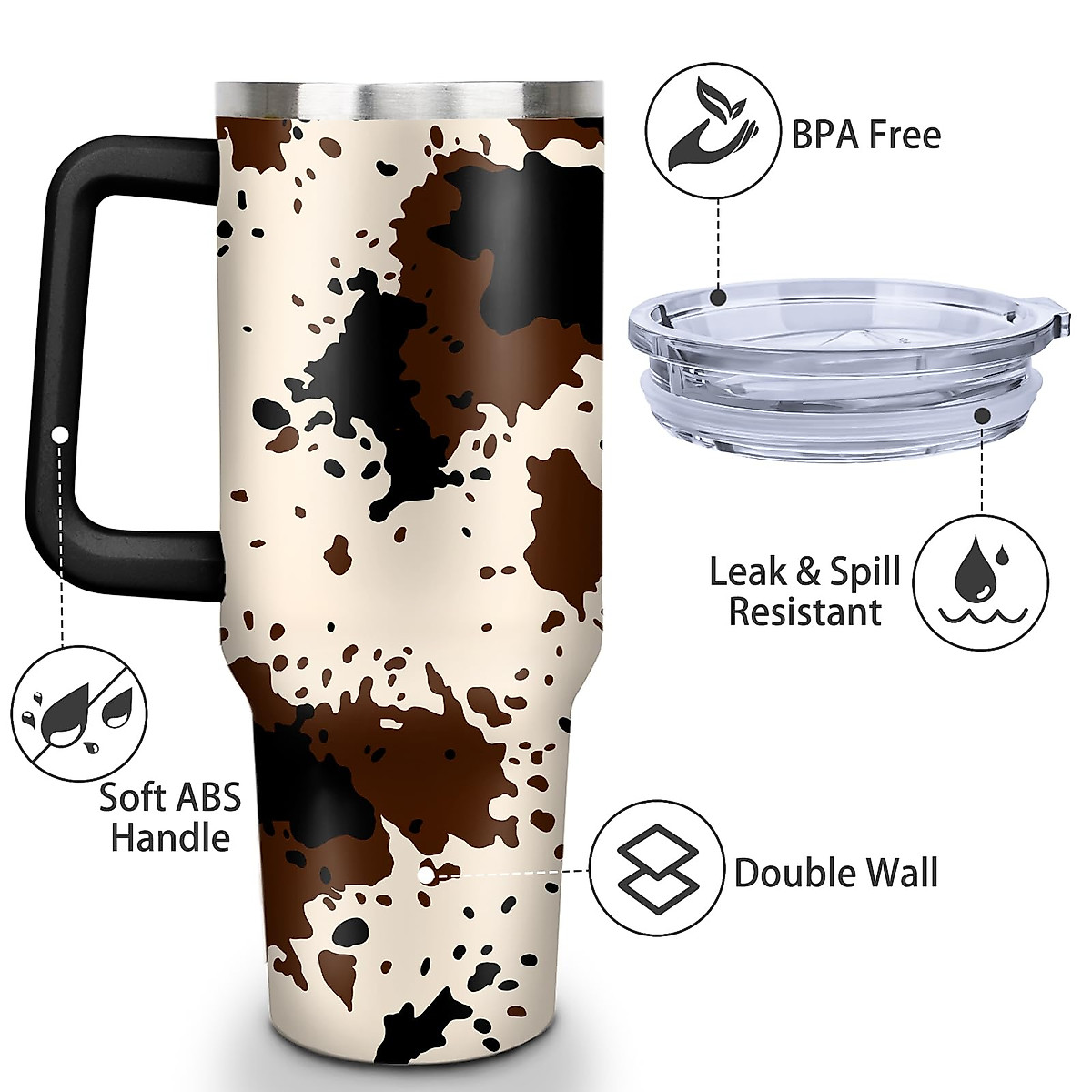thmasamwr Cow Print Tumbler with Lid and Straw, Stainless Steel 40oz Tumbler with Handle, Cow Print Travel Coffee Mug Water Bottle, Highland Cow Gifts Cups for Women and Girls