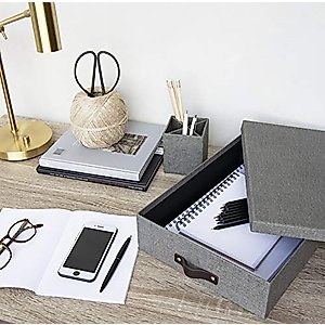 Bigso Oskar Canvas Fiberboard Document Letter Box | File Organizer Document Box for Important Paperwork | Document Storage Box with a Lid & Leather Handle | 3.3″x10.2″x13.8″ | Gray