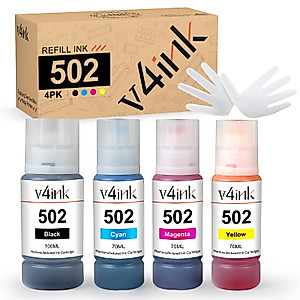 v4ink Compatible T502 Refill Ink Bottle Replacement for 502 T502 to use with Expression Ecotank ET-2700 ET-2760 ET-3710 ET-4750 ET-7700 ET-15000 ST-2000 ET-M1180 ET-M2120 L3060 L3156-4 Packs
