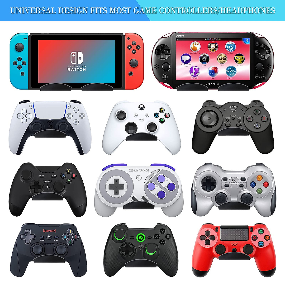 MWOOT Game Controller Holder Wall Mount (2 Pack) for Xbox One/ PS4/ PS5/ Switch/Steam/PC, Gamepad Headphone Stand Holder, Screw-Free, Stick on, Universal Controller Accessories (Black)