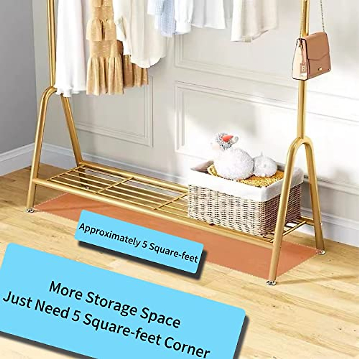YMHT Garment Rack Metal Gold Clothing Rack with Shelves Clothes Rack with Shoe Shelves Hat Hooks Bedroom Cloakroom (Gold)