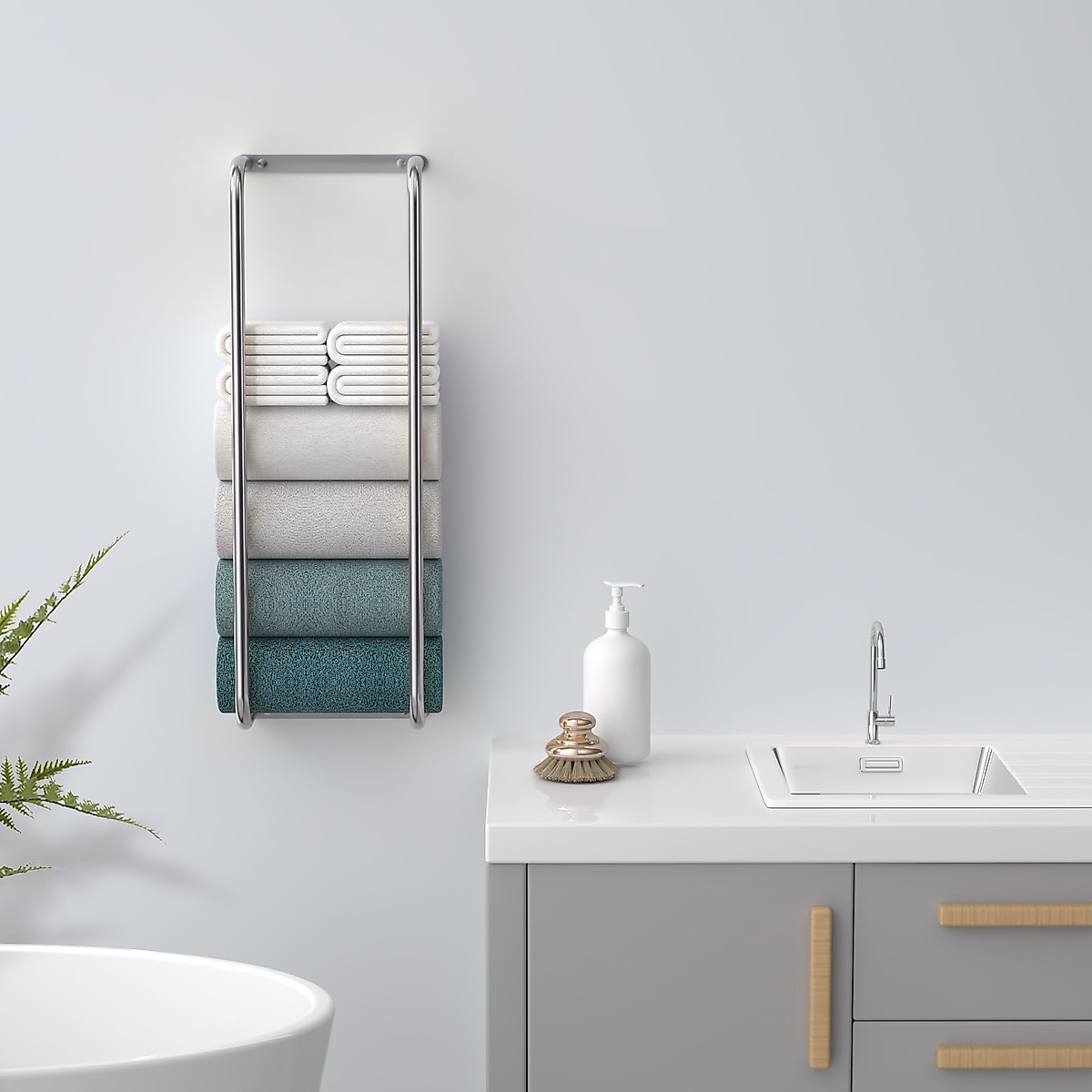 Rxvotocr Stainless Steel Wall-Mounted Bathroom Towel Rack and Organizer for Rolled Towels, Ideal for Modern Small Bathrooms with Limited Space, Sleek and Chic Sliver Design.