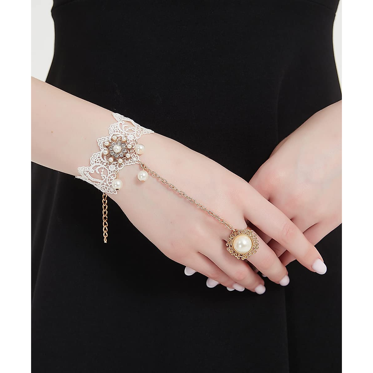 Asphire Retro Lace Slave Bracelet with Finger Ring Vintage Pearl Tassel Ring Chain Bracelet Lolita Costume Party Festival Rose Hand Accessories for Women (Style 5)