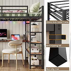 ANCTOR Loft Bed Twin Size with L Shaped Desk and Shelves, Heavy Duty Metal Loft Bed Frame with Power Outlet and LED Lighted, Space-Saving, Noise Free， Brown