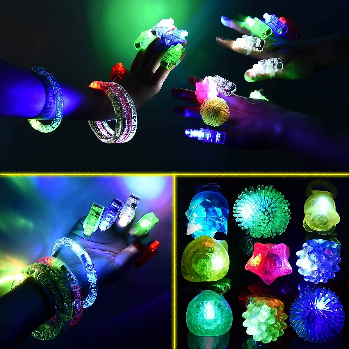 MIBOTE 83Pcs Led Light Up Toys Party Favors Glow in the Dark Party Supplies for Kid/Adults Halloween with 50 Finger Lights, 8 Jelly Rings, 5 Flashing Glasses, 5 Bracelets, 5 Fiber Optic Hair Lights