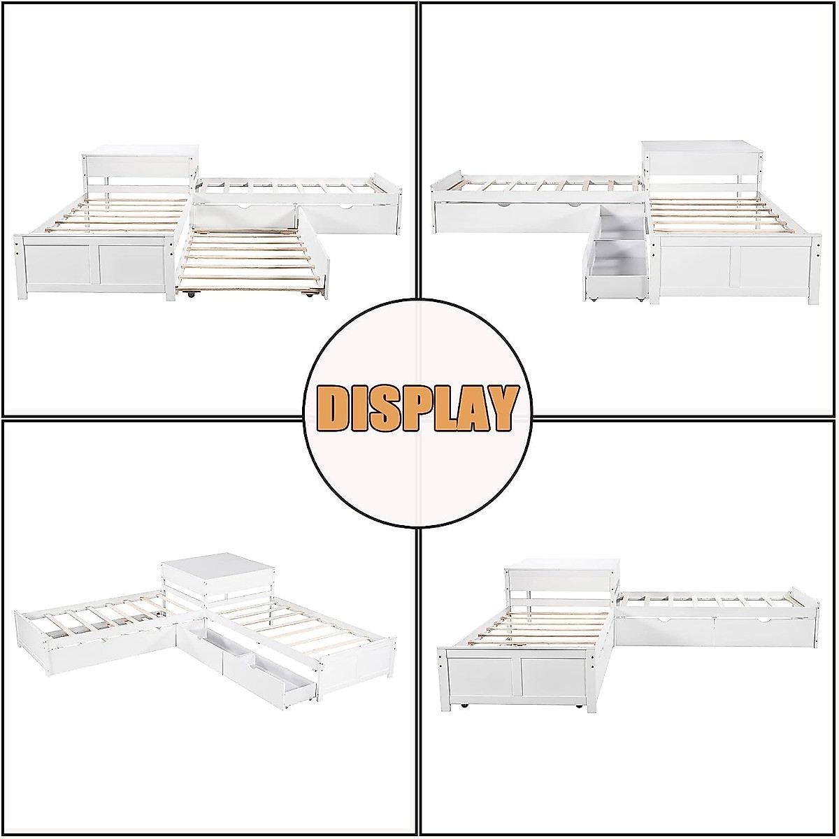 CITYLIGHT L-Shaped Platform Bed with Trundle and Drawers Linked with Built-in Desk, Wood Corner Bed with 3 Twin Beds for Kids Girls Boys Teens Bedroom (Twin,White)
