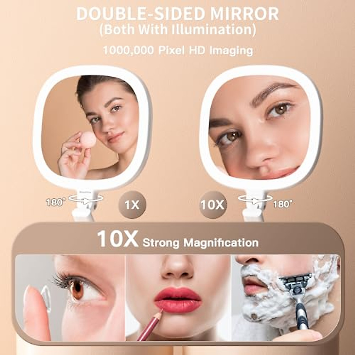 Beautifive Makeup Mirror with Light and Magnification, 10X/1X Light Up Makeup Mirror Travel Lighted Make Up Mirror with Adjustable Height Double Sides Folding Magnifying Mirror with Light