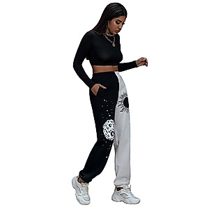 SOLY HUX Women's Graphic Letter Print Elastic Waist Sweatpants Color Block Cozy Running Joggers Pants Graphic Black and White S