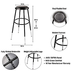 (2 Pack) OEF Furnishings Height Adjustable Black Vinyl Padded Stool, 31-38"" High (OEF6430H-10)