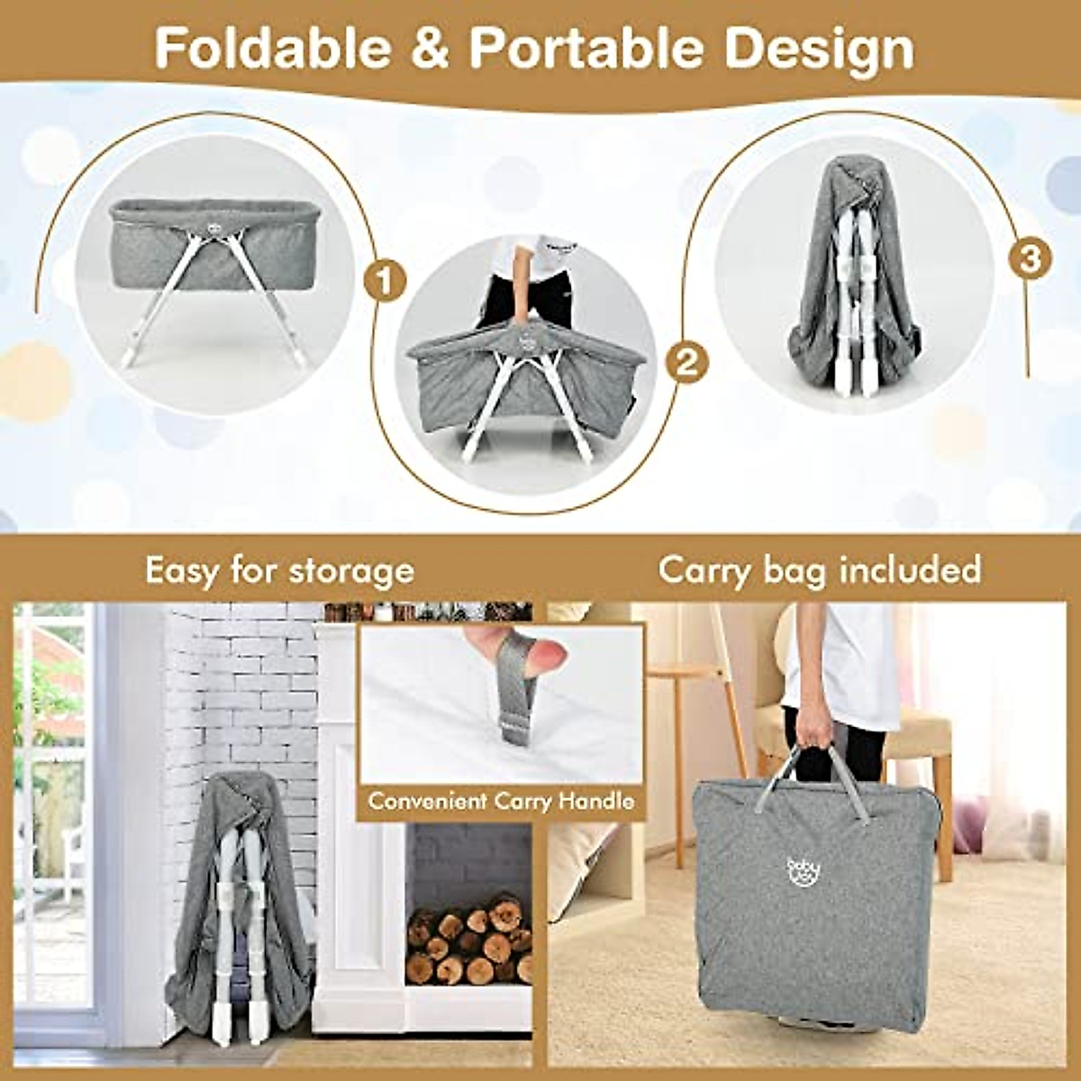 BABY JOY Bassinet, 2 in 1 Rocking Bassinet for Baby w/Detachable Curtain Cloth, Mattress, Breathable Mesh, Adjustable Height, Quick Folding Crib w/Travel Bag for Newborn Infants, Portable Bassinet