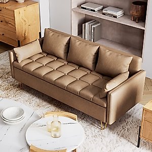 Senfot Sofa Couch Faux Leather 3-Seater Sofas with Hand Stitched Comfortable Cushion, Modern Design with Gold Metal Legs and Lift-Up Storage for Living Room in Light Brown