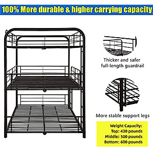CPARTS Stronger & Upgraded Version Metal Industrial Style Triple Bunk Bed Full, Thickened More Stable Safer Steel Full Over Full Over Full Size Triple Bunkbed Frame, Faster Assemble (Sandy Black)
