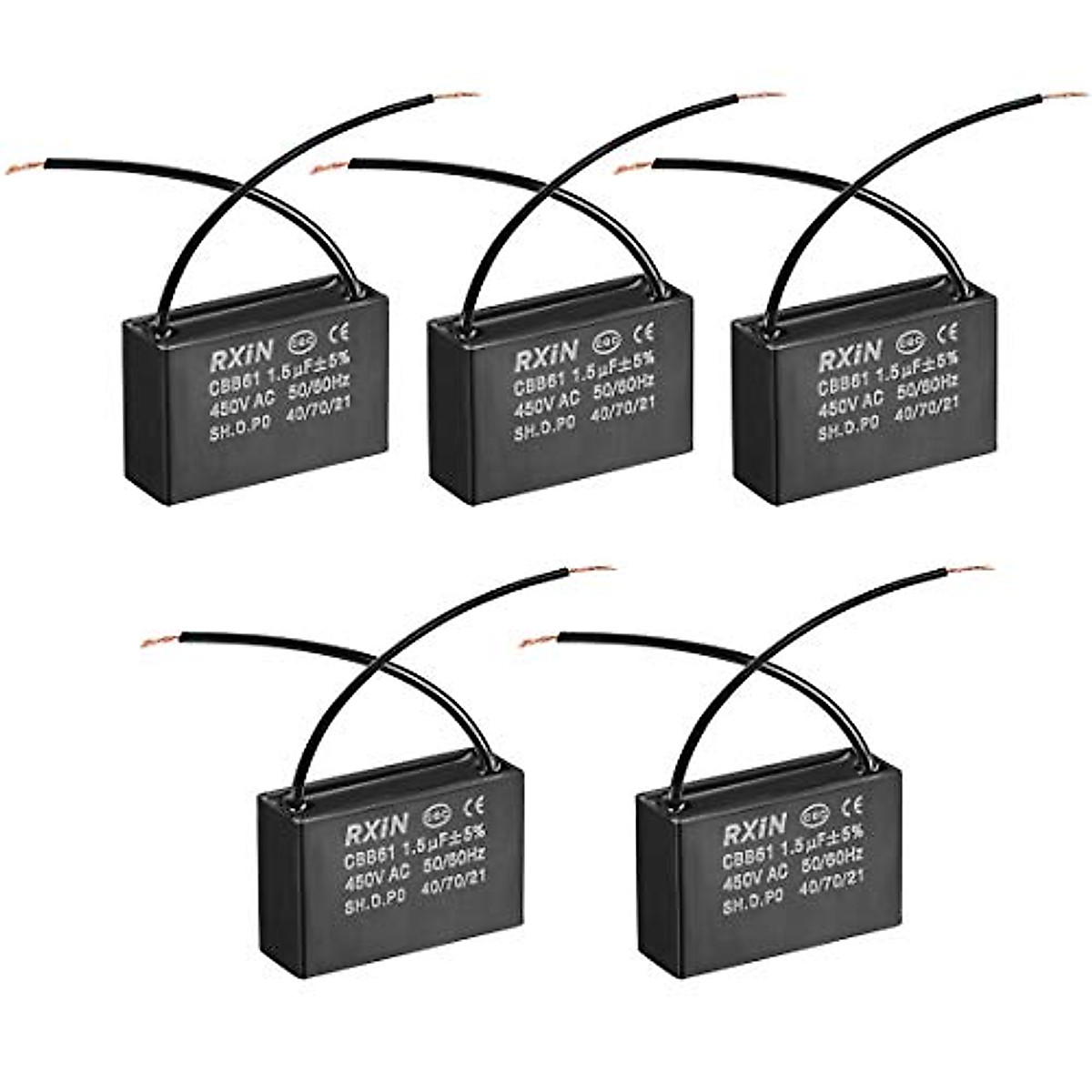 uxcell Ceiling Fan Capacitor CBB61 1.5uF 450V AC 2 Wires Metalized Polypropylene Film Capacitors 37x23.5x12.6mm for Water Pump Motor Generator, Pack of 5