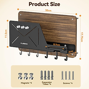 CLESOO Mail Holder Wall Mount - 6 Key Hooks Hanging Mail Organizer with Phone Holder - Letter Storage with Eyeglasses Holder, Magnets - Key Hanger with Shelf for Wall Entryway Hallway