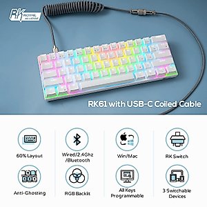 RK ROYAL KLUDGE RK61 60% Mechanical Keyboard with Coiled Cable, 2.4Ghz/Bluetooth/Wired, Wireless Bluetooth Mini Keyboard 61 Keys, RGB Hot Swappable Red Switch Gaming Keyboard with Software - White