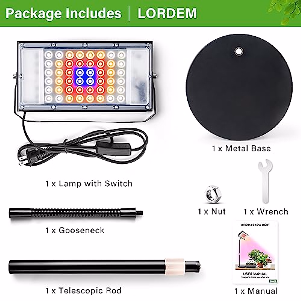 LORDEM Plant Grow Light, Full Spectrum Desk Light, Angle & Height Adjustable LED Growing Lamp with On/Off Switch, 9.5-15.4 inches