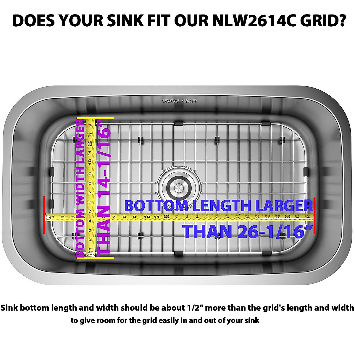 Serene Valley Sink Protector Grid 26-1/16" x 14-1/16", Centered Drain with Corner Radius 3-1/2", 304 Stainless Steel Material NLW2614C
