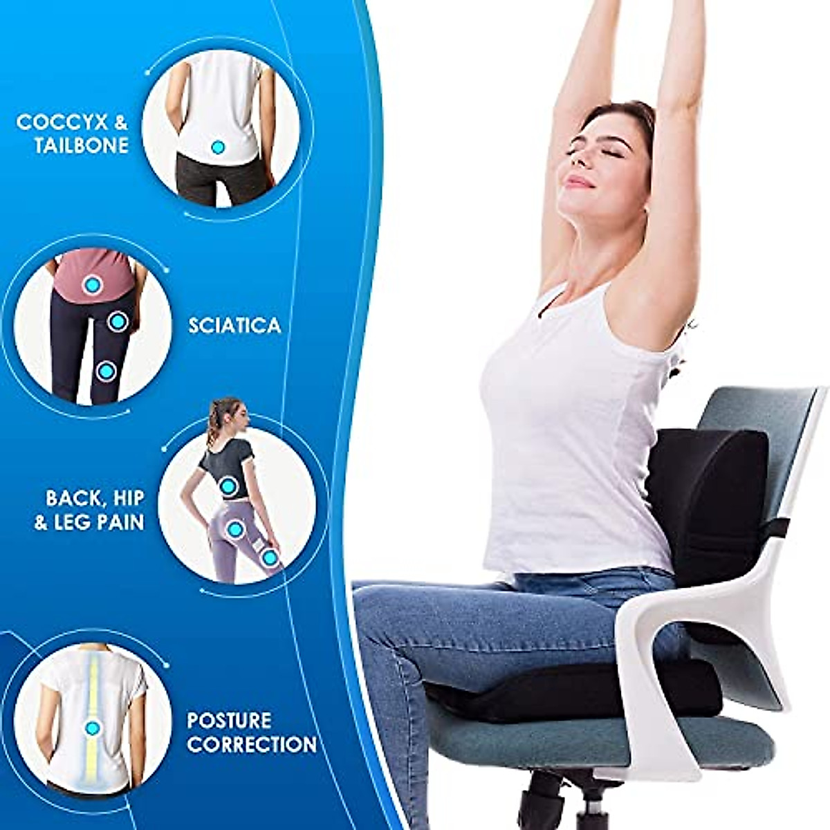 Seat Cushion & Lumbar Support Pillow for Office Chair, Car, Wheelchair Memory Foam Desk Chair Cushion for Sciatica, Lower Back & Tailbone Pain Relief Desk Pad with Adjustable Strap 3D Washable Cover