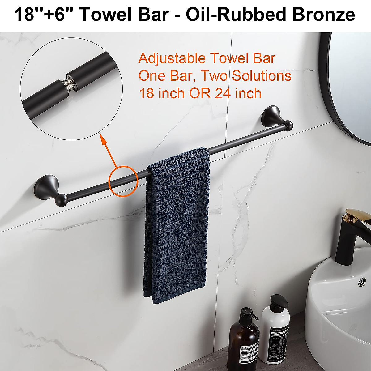 BGL Bathroom Hardware Set, Oil-Rubbed Bronze Adjustable Expandable Towel Bar 4-Piece ORB Bathroom Accessory Set Wall Mounted Robe Hook Toilet Paper Holder Towel Ring Towel Bar