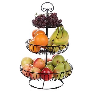 Lily's Home Wire Fruit and Vegetable Holder, 3-Tiered Fruit Basket, Kitchen Accessories - Black