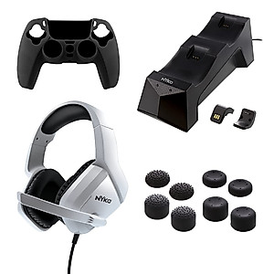 Deluxe Master Pak for PlayStation®5 | Dual Controller Charge Base | High Quality Wired Ergonomic Headset Designed for Over Ears | Silicone Grip Controller Cover and 8 Thumb stick Caps