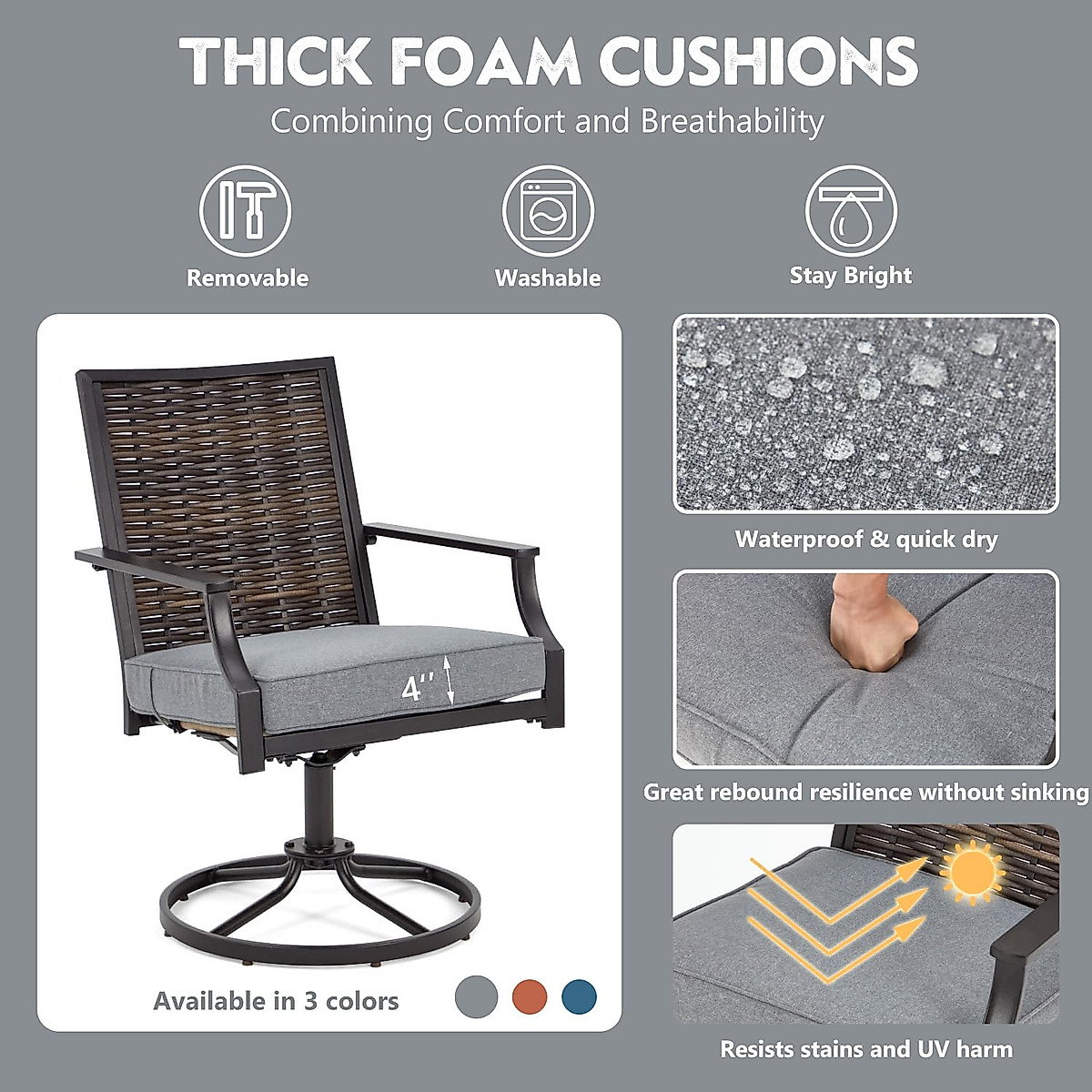 MELLCOM Patio Swivel Chairs Set of 2, Heavy Duty Outdoor Swivel Chairs with Removable Cushions, Patio Rattan Wicker Decoration Chairs for Garden Lawn & Porch, Backyard, Balcony, Gray