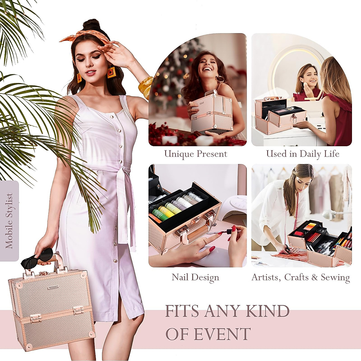 FRENESSA Makeup Train Case 10 Inch Travel Beauty Cosmetic Box Professional 4-trays Jewelry Storage Organizer with Lockable Portable for Women and Girls - Rose Gold