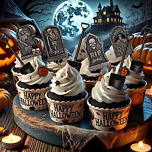 INACORN 48PCS Halloween Cupcake Toppers - Halloween Cake Decorations & Halloween Birthday Party Decorations - Graveyard Tombstone Cupcake Toppers with Novelty Mini Shovel Spoons