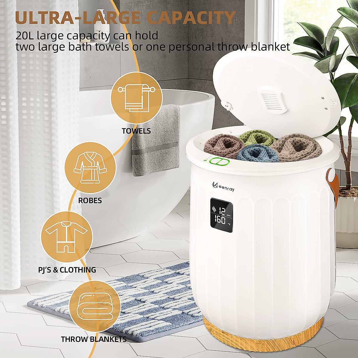 Keenray Adjustable Temperature Towel Warmer with Timer, Safety Lock, and Display - For Bathroom, Hot Tub, Spa, White, CL27