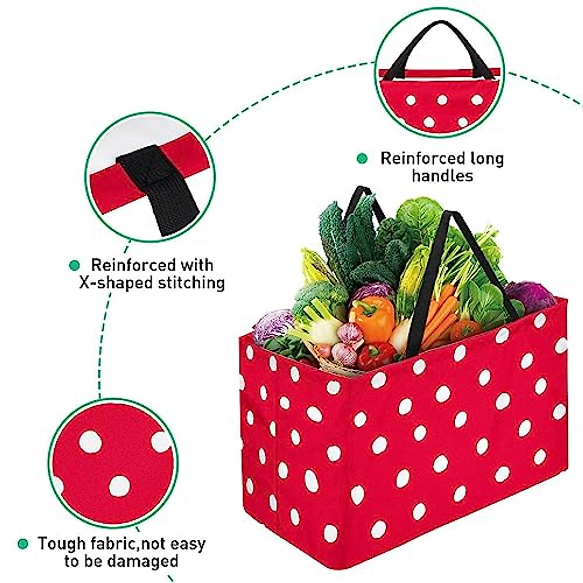 KQNZT Reusable Grocery Bags, Large Foldable Reusable Shopping Tote Bags Bulk for Groceries, Waterproof Kitchen Cloth Produce Bags with Long Handles, Pink White Wave Dot Fashion