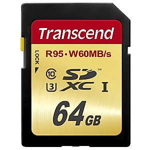Transcend 64 GB High Speed 10 UHS-3 Flash Memory Card 95/60 MB/s (TS64GSDU3),Gold
