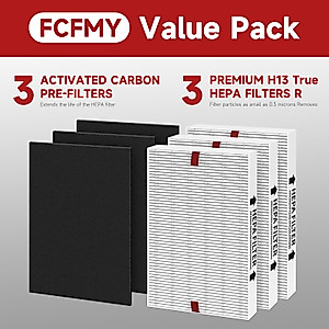 HPA100 True HEPA Replacement Air Filter Compatible with HPA094, HPA104, HPA105 HPA3100, HPA5100 Series Purifier, Replace HRF-ARVP100, 3 HEPA Filter R and 3 Pre-Cut Carbon Filter A
