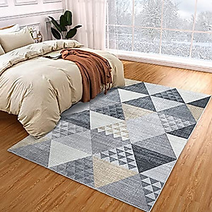 RUGSREAL Machine Washable Area Rugs Accent 8' x 10' Modern Boho Chic Velvet Floorcover Indoor Carpet Contemporary Geometric Area Rug for Living Room Bedroom Home Office, Grey and Yellow