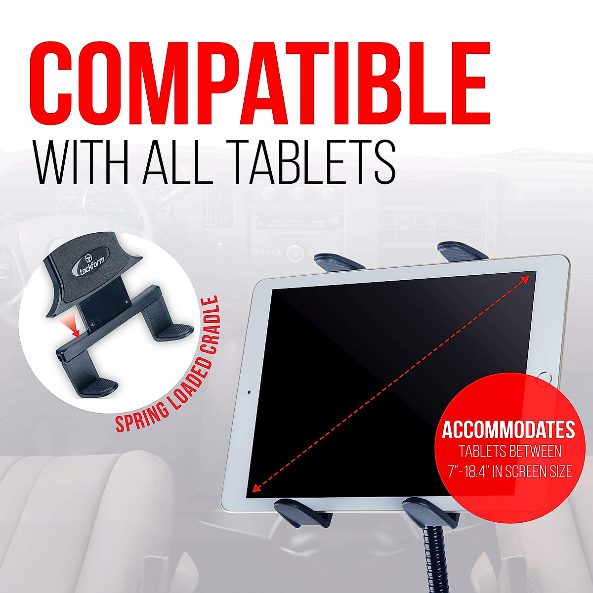 Tackform Gooseneck Tablet Mount for Car and Truck Industrial 28 Inch Steel Coil Gooseneck Seat Rail Device Holder for Taxi, Van, Vehicle. Compatible with iPad, Galaxy, Surface Pro