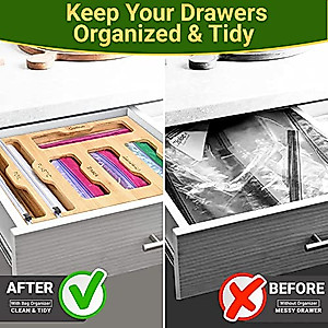 INKS Bamboo Ziplock Bag Organizer for Drawer, 6 in 1 Aluminum Foil and Plastic Wrap Dispenser With Cutter, Ziplock Baggie Kitchen Organization Storage Suitable for Food Gallon-Quart-Sandwich-Snack-Bag