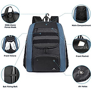 MATEIN Baseball Backpack, Lightweight Softball Bag with Shoes Compartment for Men, Large Capacity Baseball Bags Gift for Adults with Fence Hook Hold 4 Tee Ball Bats, TBall Gear, Helmet