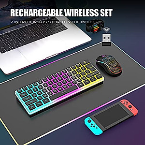 RedThunder 60% Wireless Gaming Keyboard and Mouse Combo, RGB Backlit Rechargeable Battery Mechanical Feel Mini Keyboard with Pudding Keycaps + Lightweight 7200 DPI Honeycomb Optical Mouse (Black)