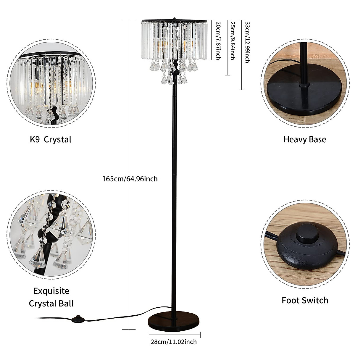 Beaysyty Floor Lamp - Modern Standing Lamp with Foot Pedal,Crystal Stand Up Lights for Living Room, Bedroom, Office, Contemporary LED Black Tall Pole Light Indoor - 3 Lights