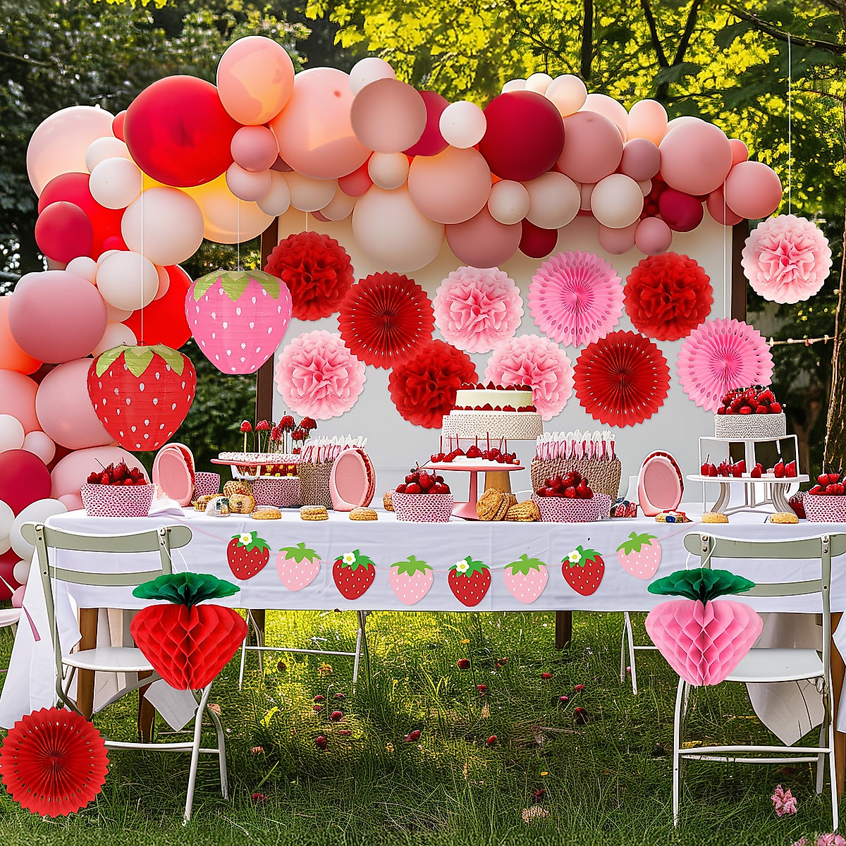 Kriyokiaa Strawberry Party Decorations 17 Pcs Berry First Birthday Decor with Tissue Pom Poms, Fans, Honeycomb, Lanterns, Garland, Perfect for Baby Shower Decorations, Berry 1st Birthday