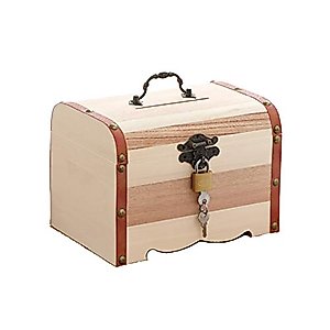 NUOBESTY Kids Jewelry Organizer Mini Wooden Treasure Box Jewelry Storage Box Piggy Bank Keepsake Boxes Storage Trunk Decorative Medieval Chest Organizer for Kids - Size S (Pattern of Lock is Random)