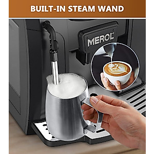 MEROL Automatic Espresso Coffee Machine, 19 Bar Barista Pump Coffee Maker with Grinder and Manual Milk Frother Steam Wand for Cappuccino Latte Macchiato, Black