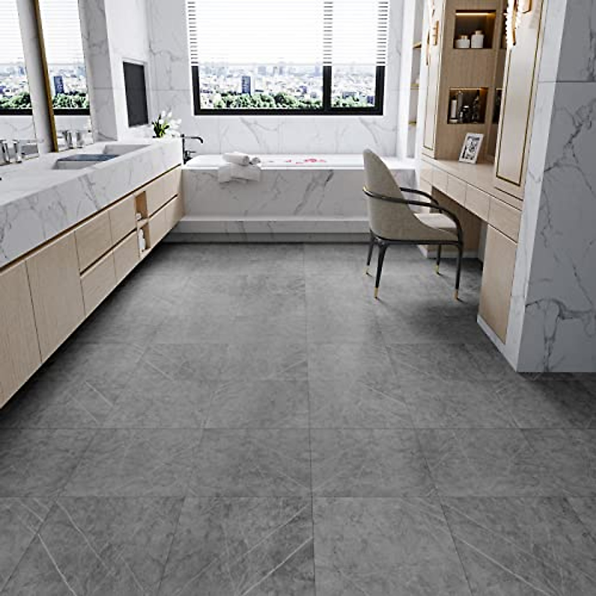 CHICHOME Gray Peel and Stick Floor Tile Matte Marble Vinyl Flooring Waterproof Self Adhesive Wall Tiles for Interior Wall Décor 12'' x12'' Removable Flooring Tiles for Bathroom Kitchen Floor 6PCS
